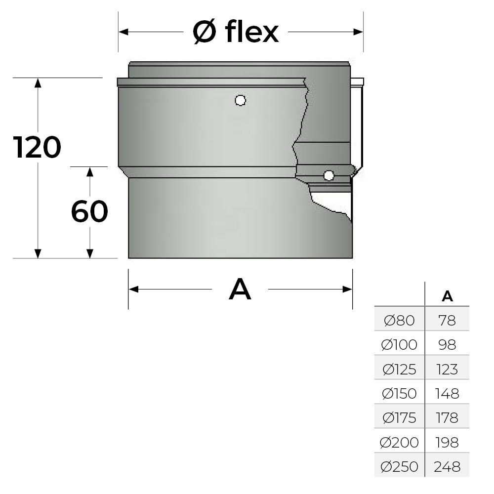 FLEX Adaptor - Ø 125 HETAS 316l multi-fuel flexible flue liner